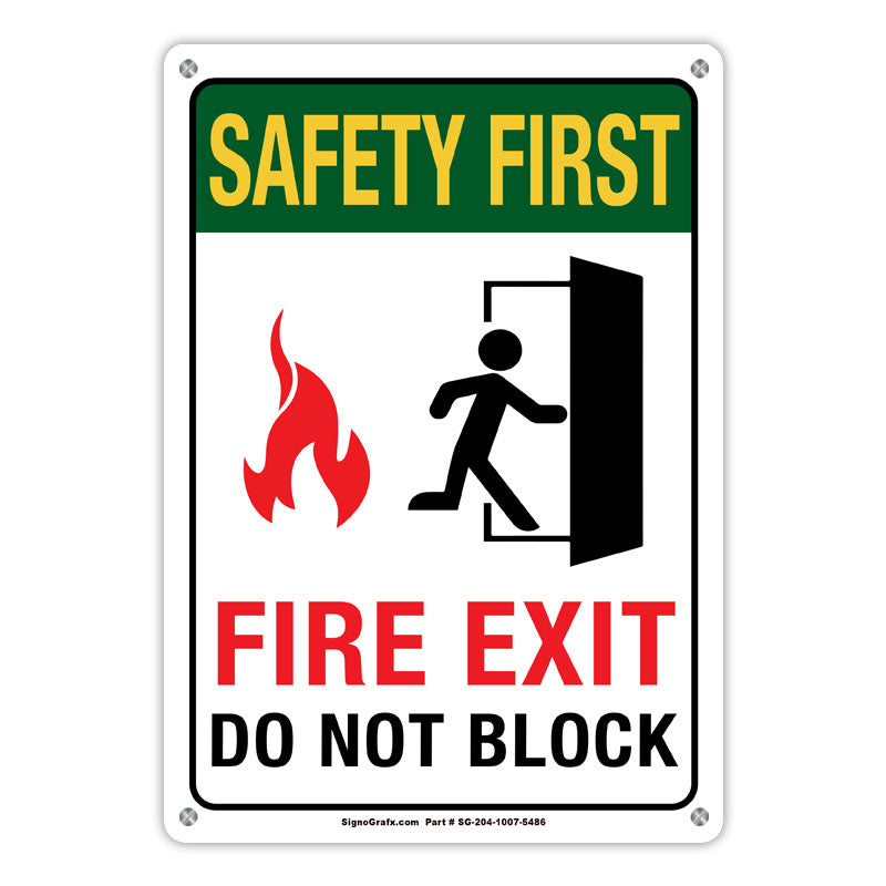 Safety First Fire Exit Do Not Block Sign – SignoGrafx
